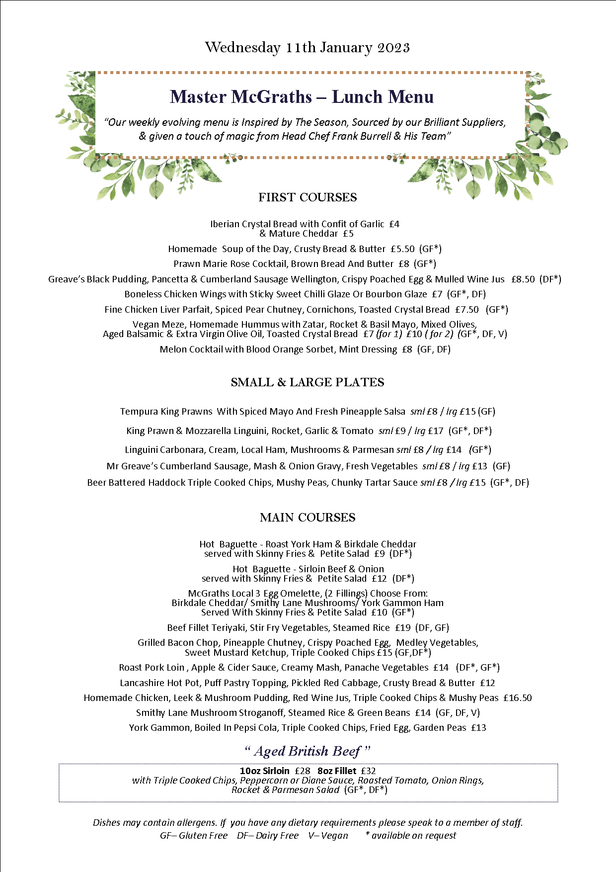 Menus - Master McGraths Restaurant