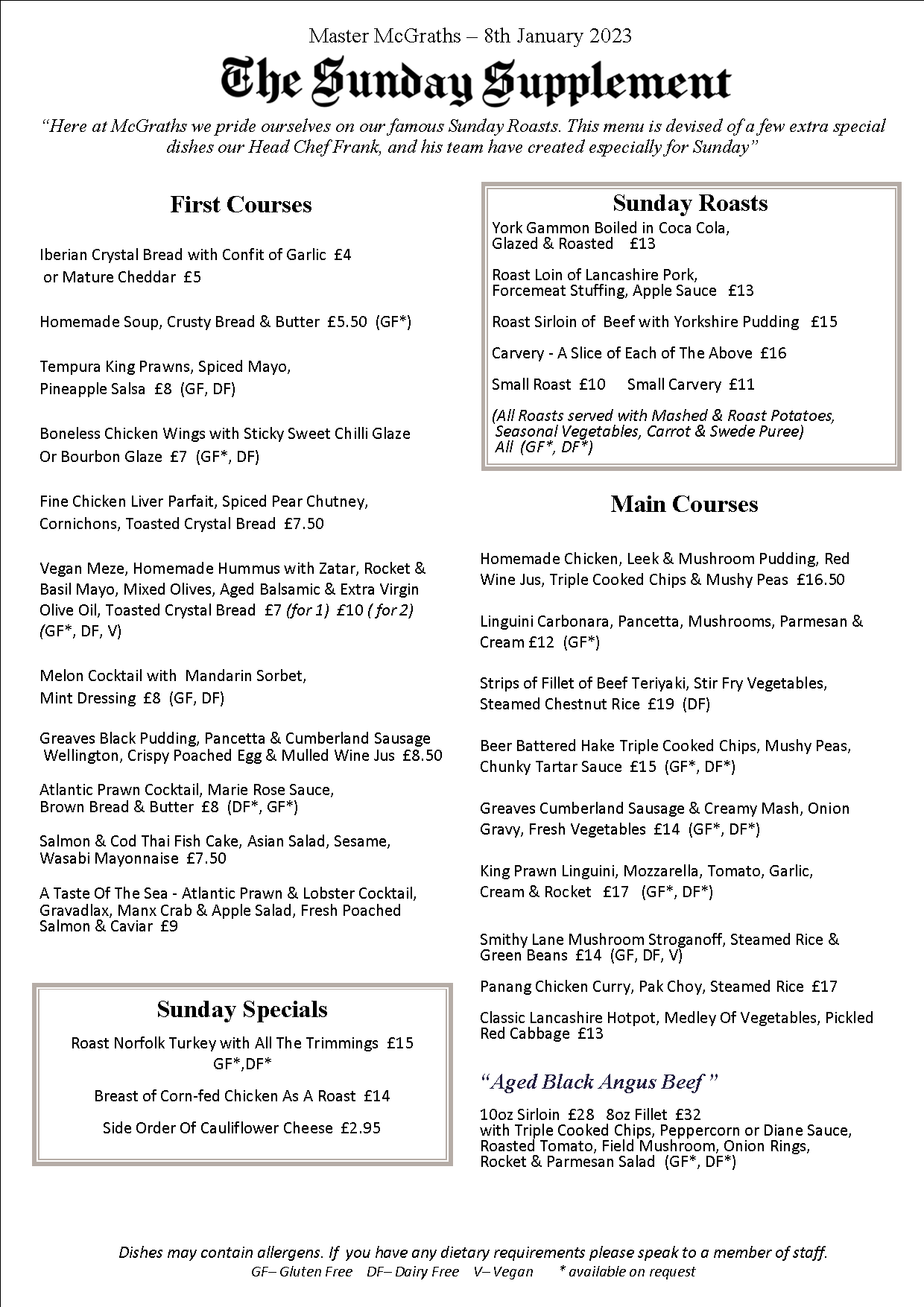 Sunday Supplement - Master McGraths Restaurant