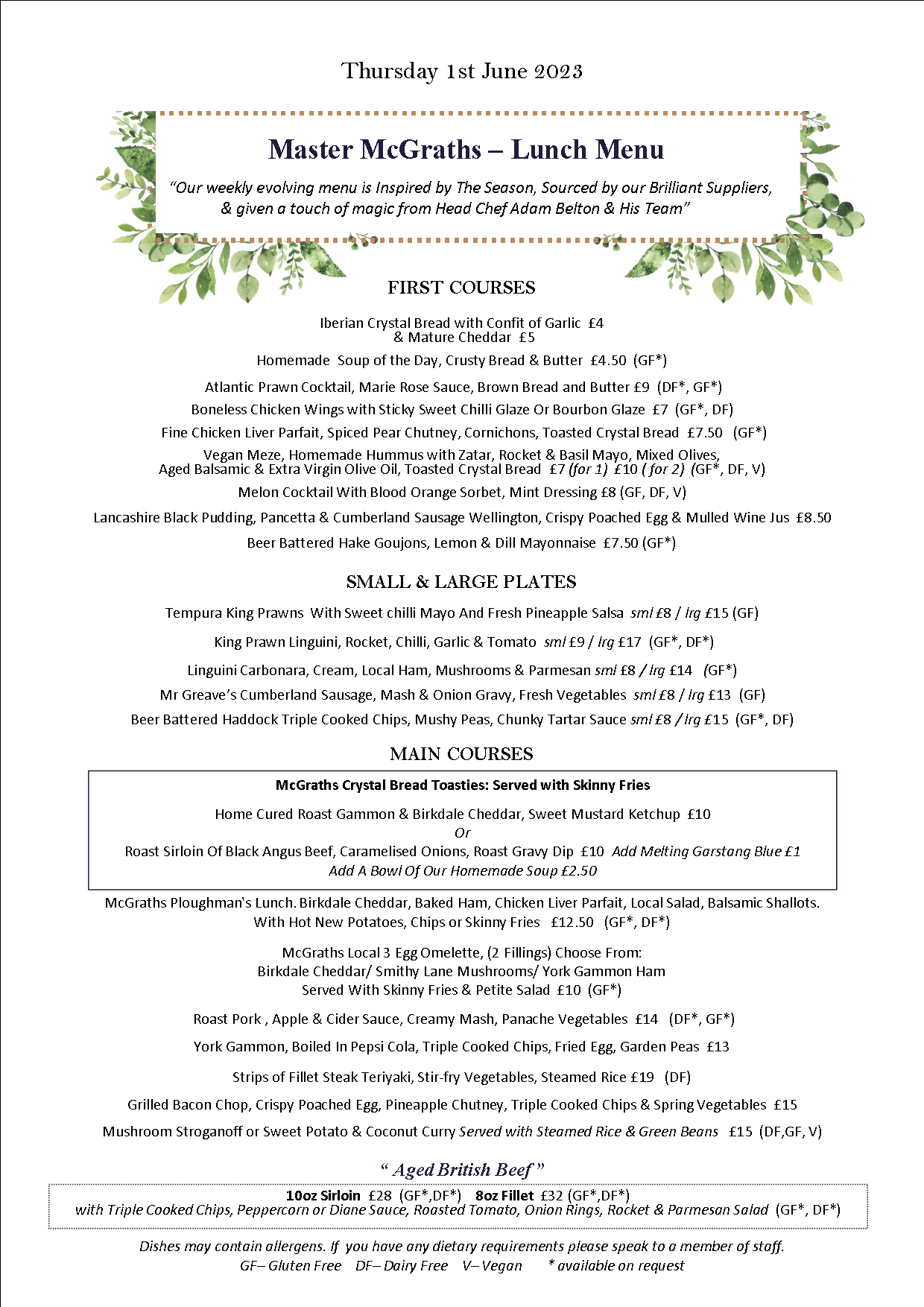 Lunchtimes - Master McGraths Restaurant