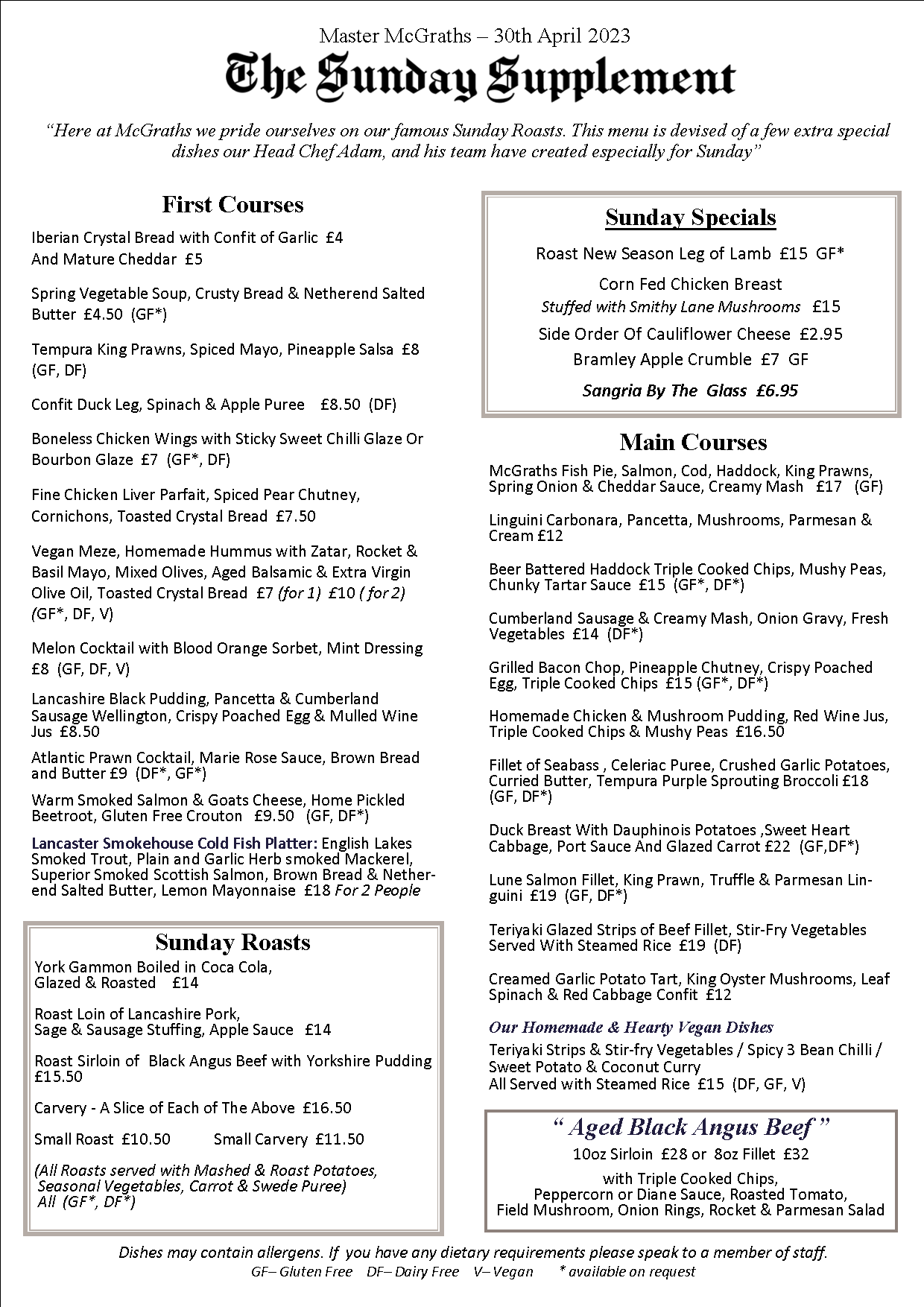 Sunday Supplement - Master McGraths Restaurant