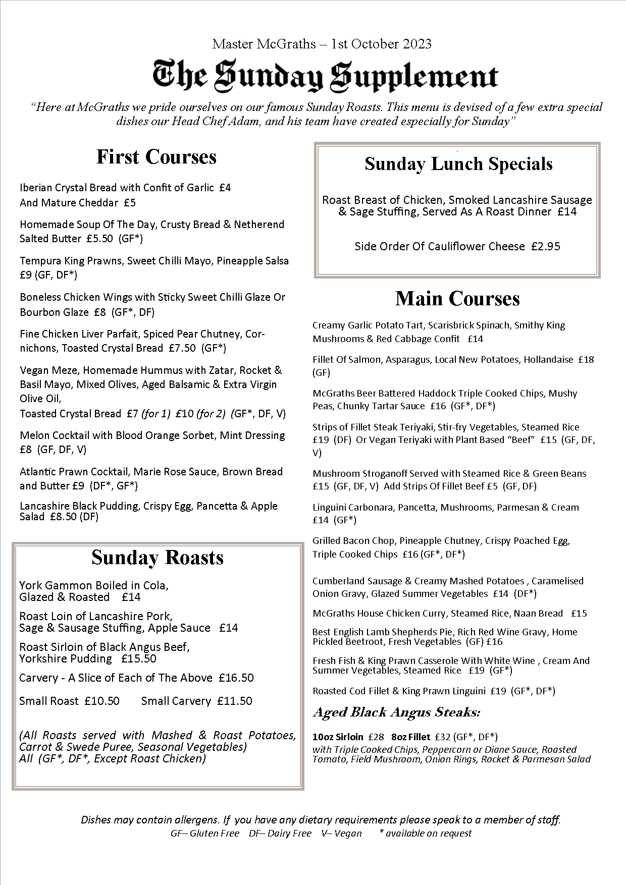Sunday Supplement - Master McGraths Restaurant