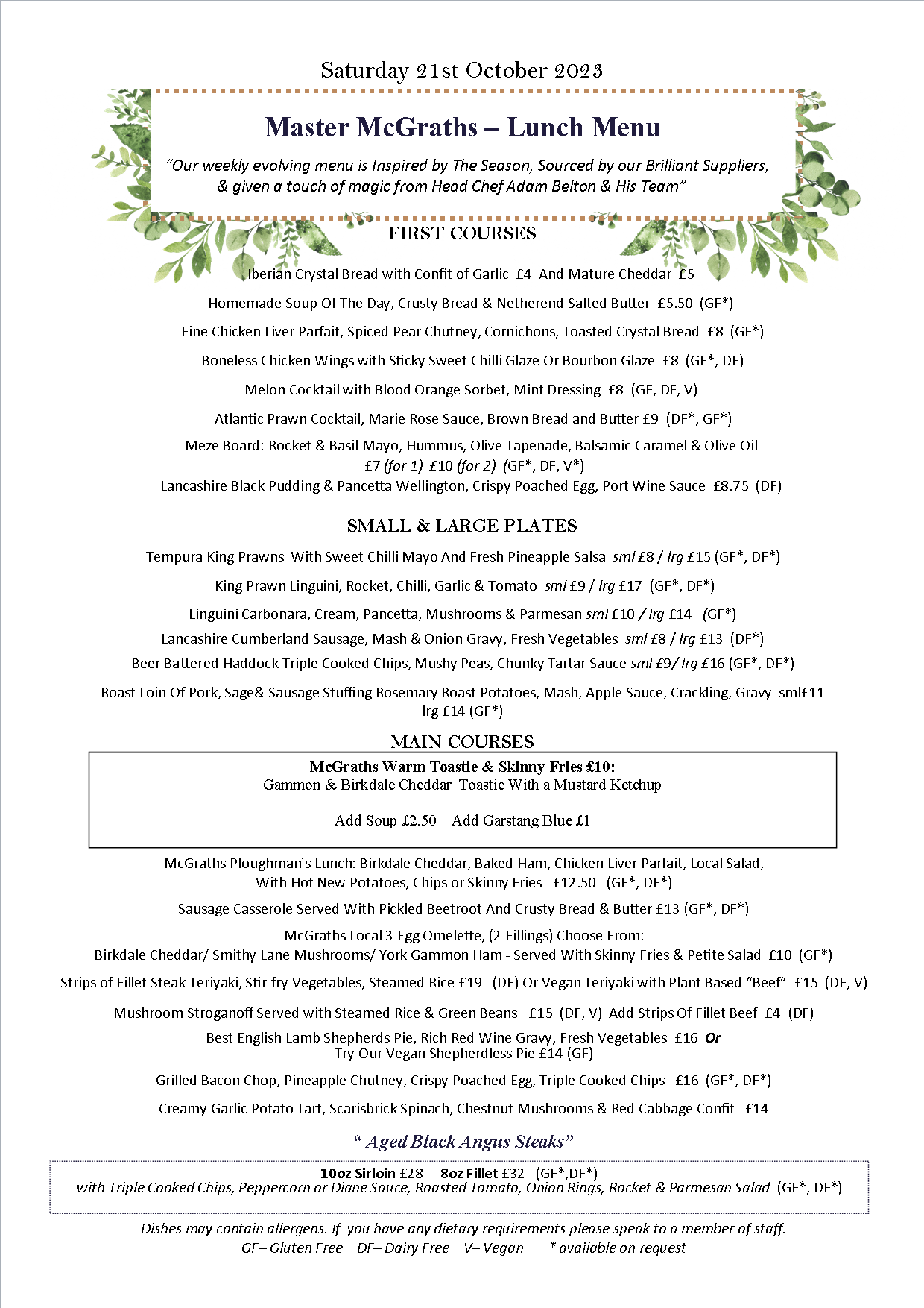 Lunchtimes - Master McGraths Restaurant