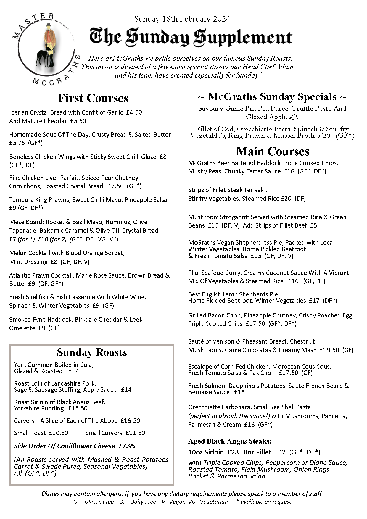 Menus - Master McGraths Restaurant