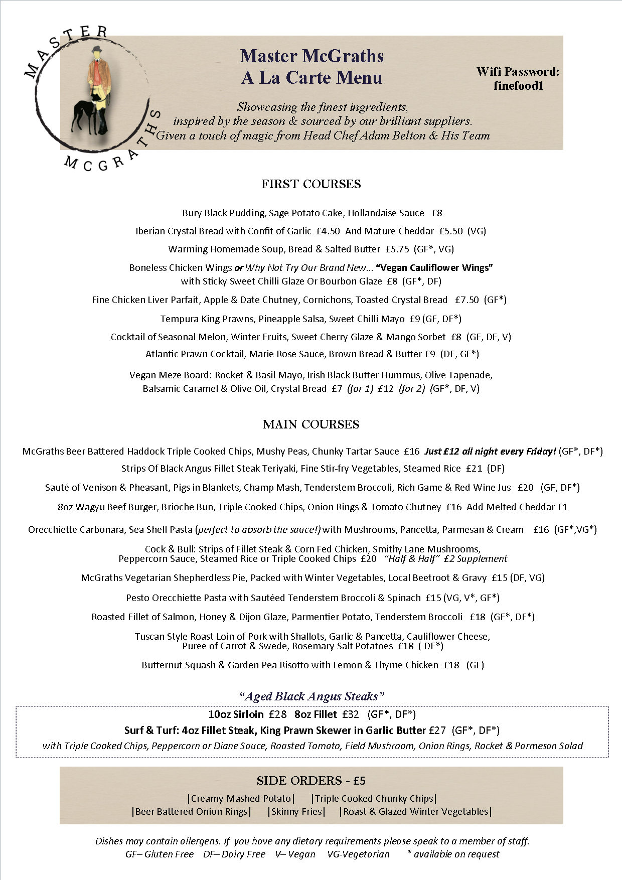 Menus - Master McGraths Restaurant